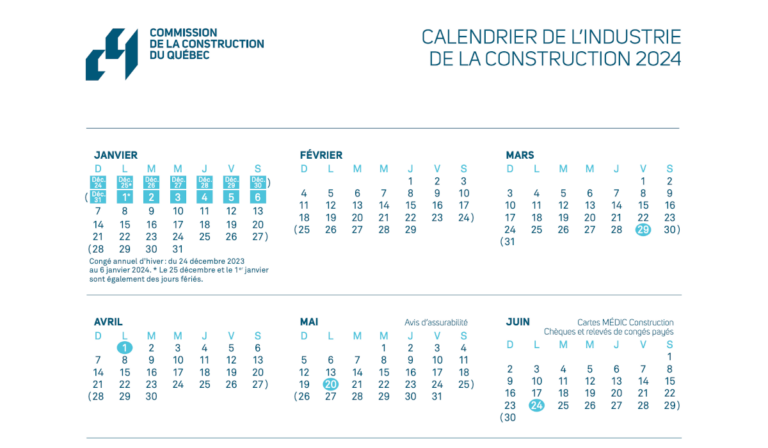 Calendrier CCQ 2024 - Imprimer le calendrier construction 2024